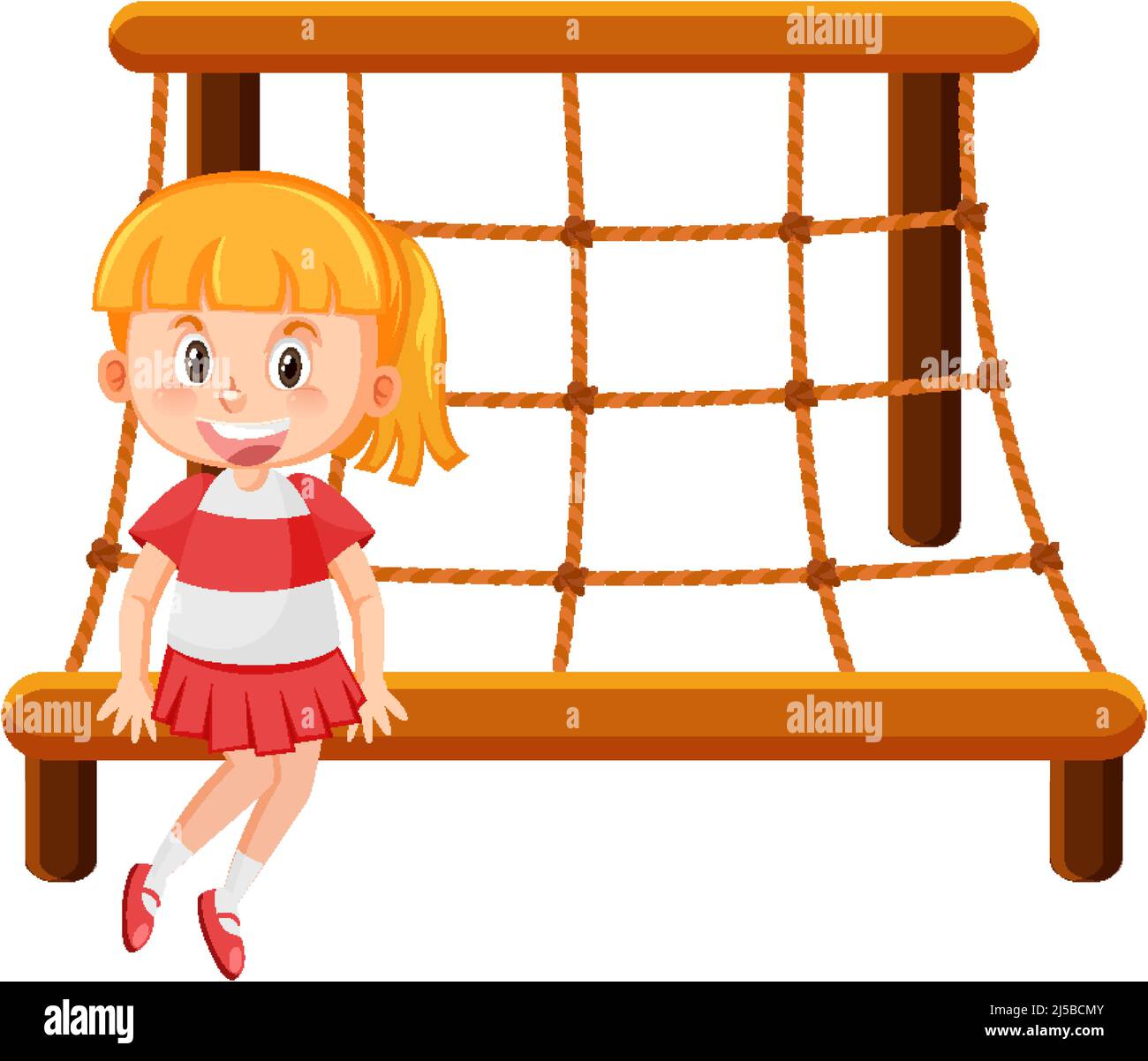 Girl sitting on climbing rope wall net playground illustration Stock ...