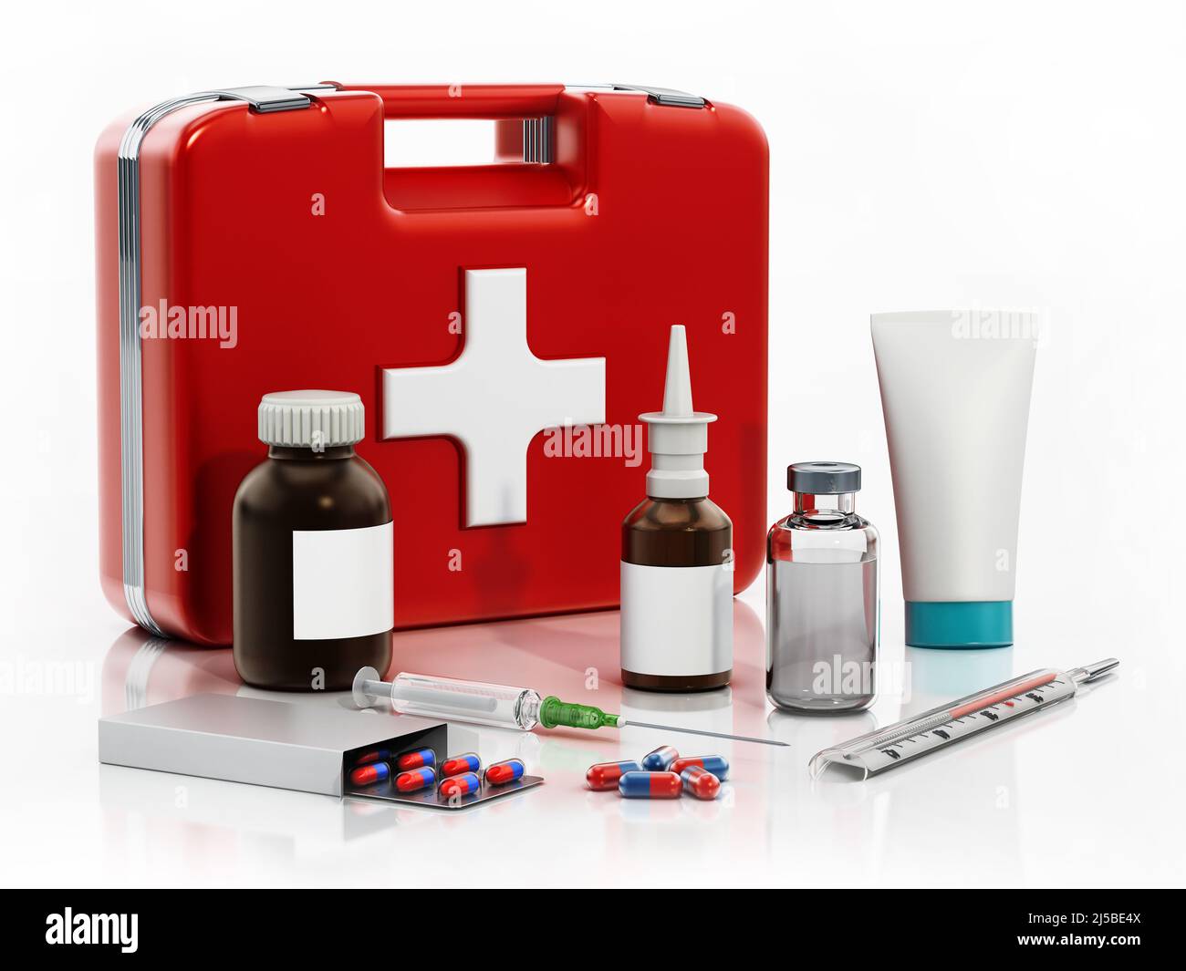 First aid kit, medical tools and medicine isolated on white background ...