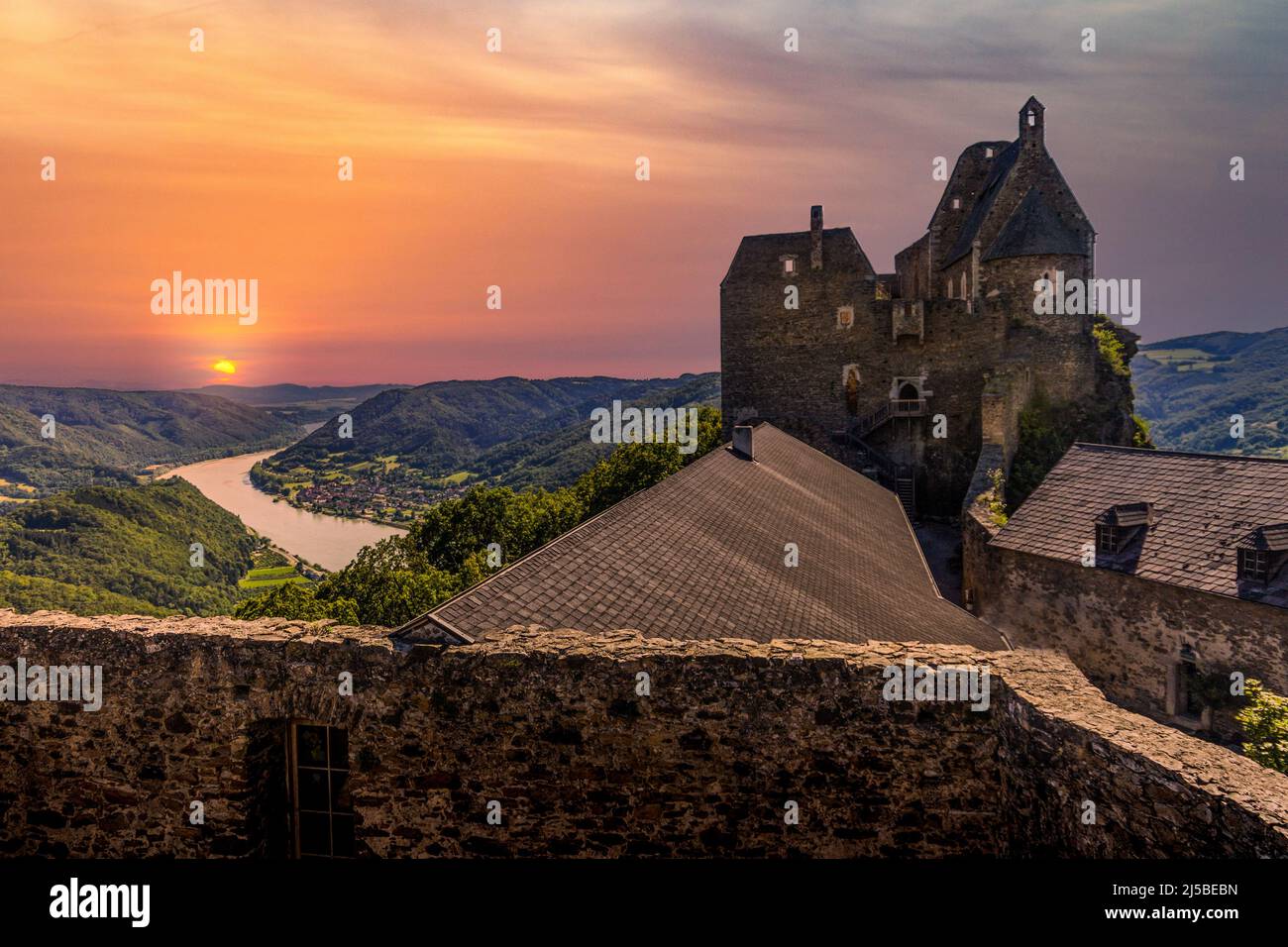 Aggstein castle ruins under sunset sky. Wachau valley, Austria Stock ...