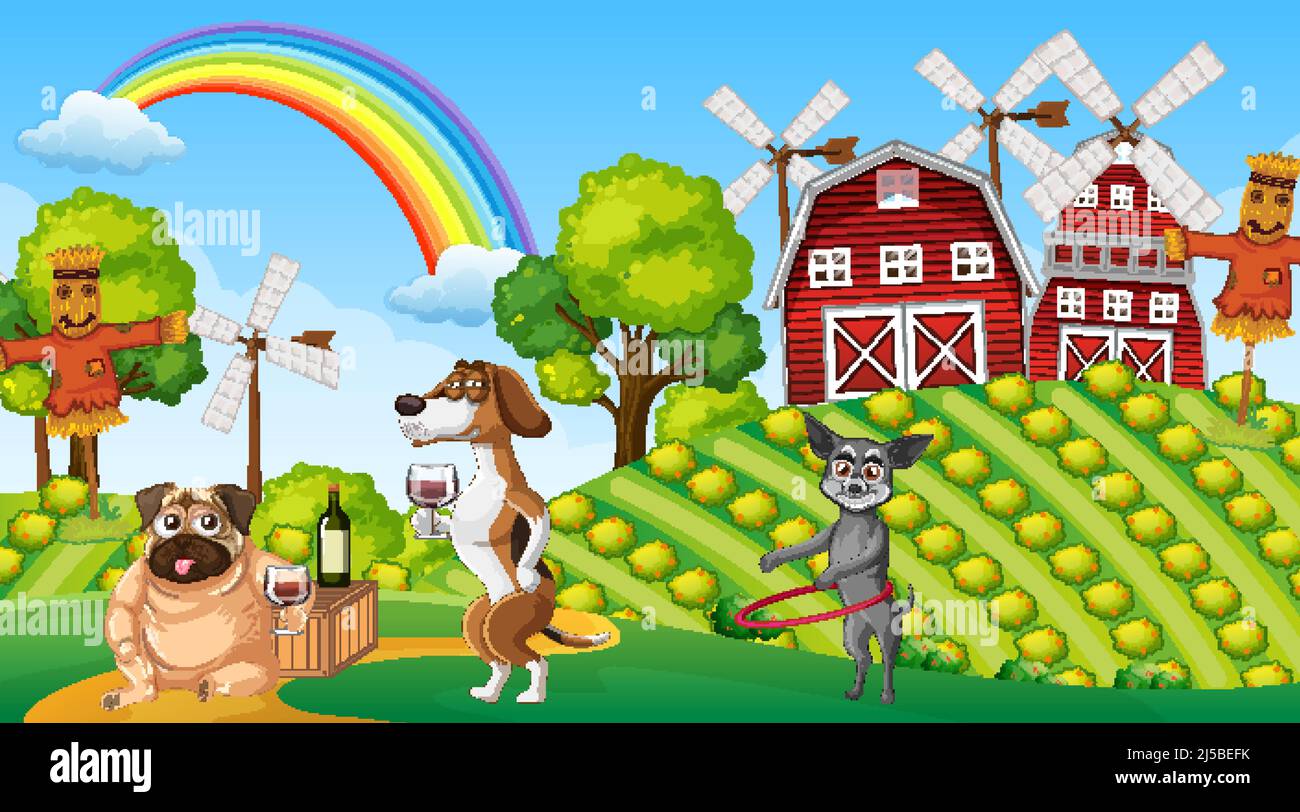 Outdoor farm scene with cartoon dogs illustration Stock Vector Image ...