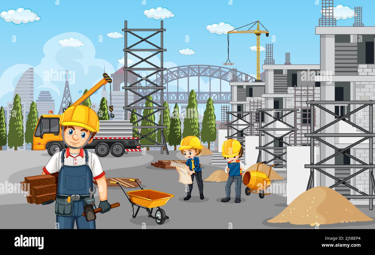 Building construction site and workers illustration Stock Vector Image ...