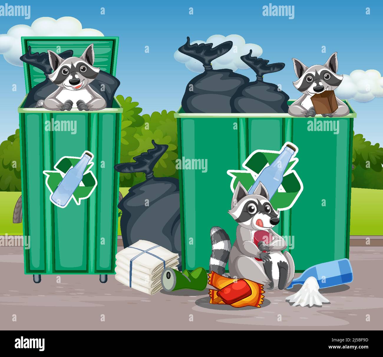 Trashcans with many trash and raccoons illustration Stock Vector Image ...