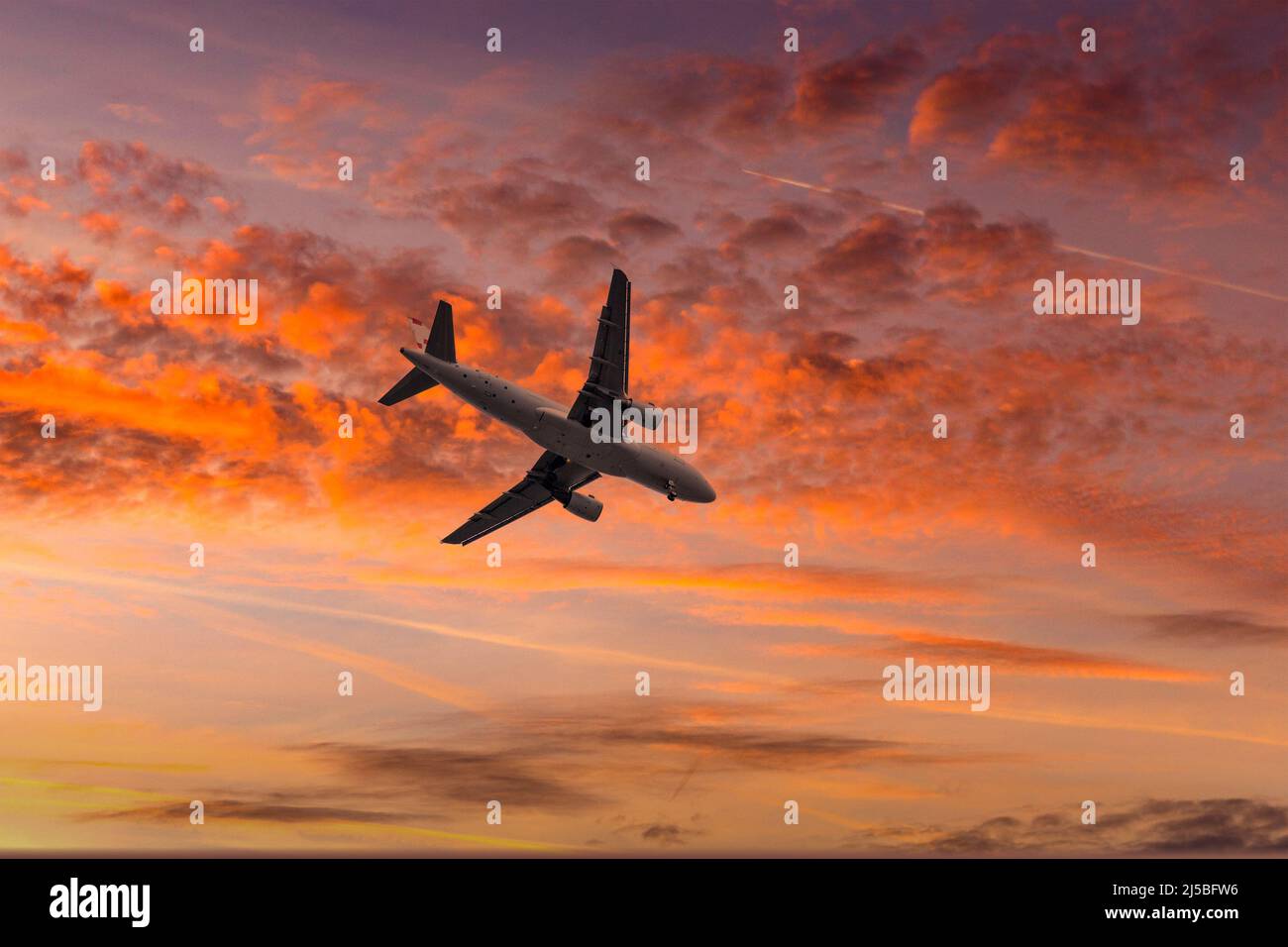 Aircraft flyingon a sunset background Stock Photo - Alamy