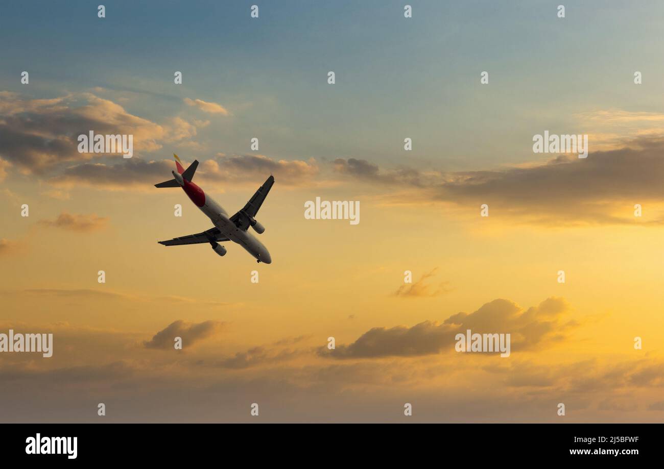 Aircraft flyingon a sunset background Stock Photo - Alamy