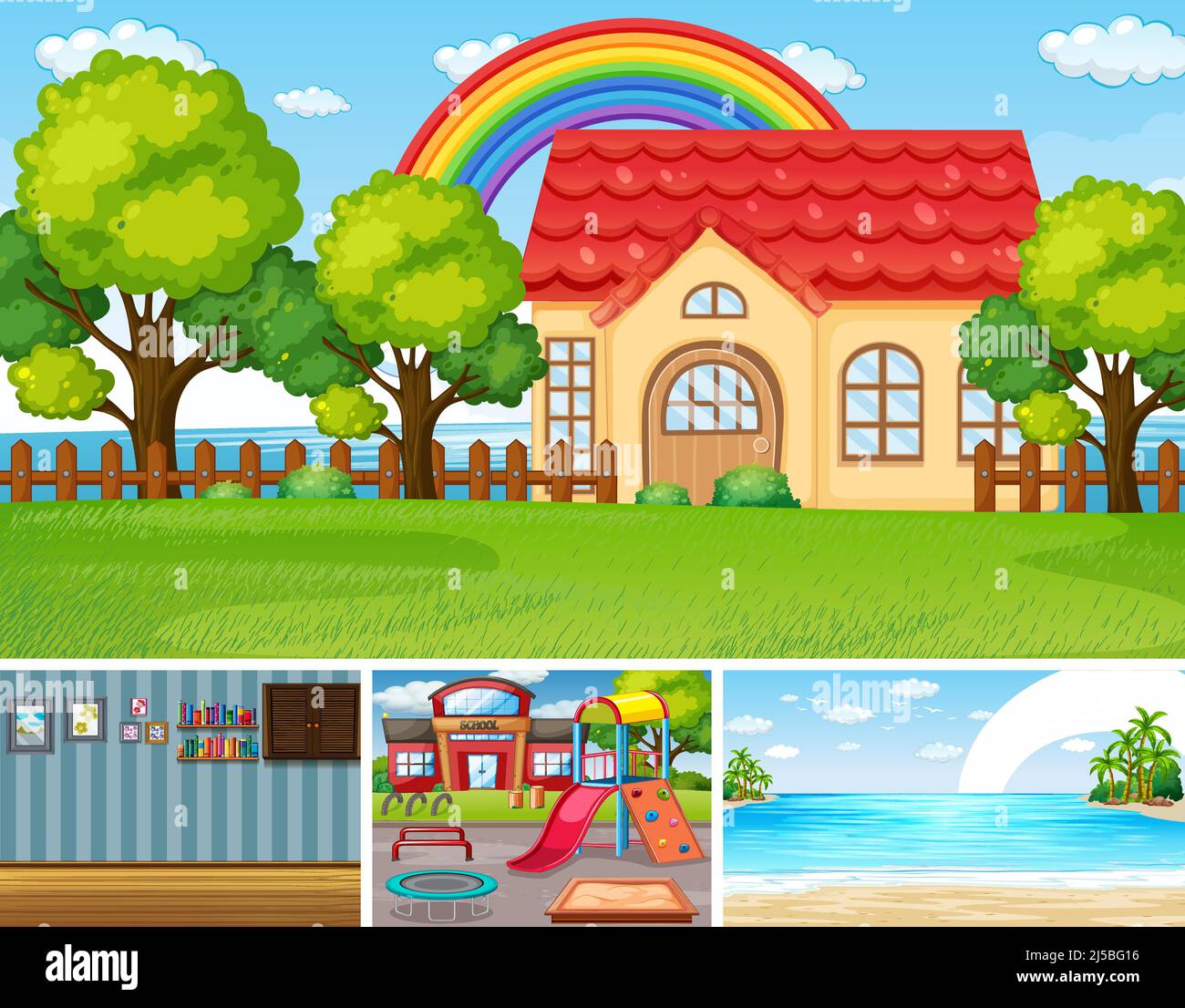 Four different indoor and outdoor scenes illustration Stock Vector ...