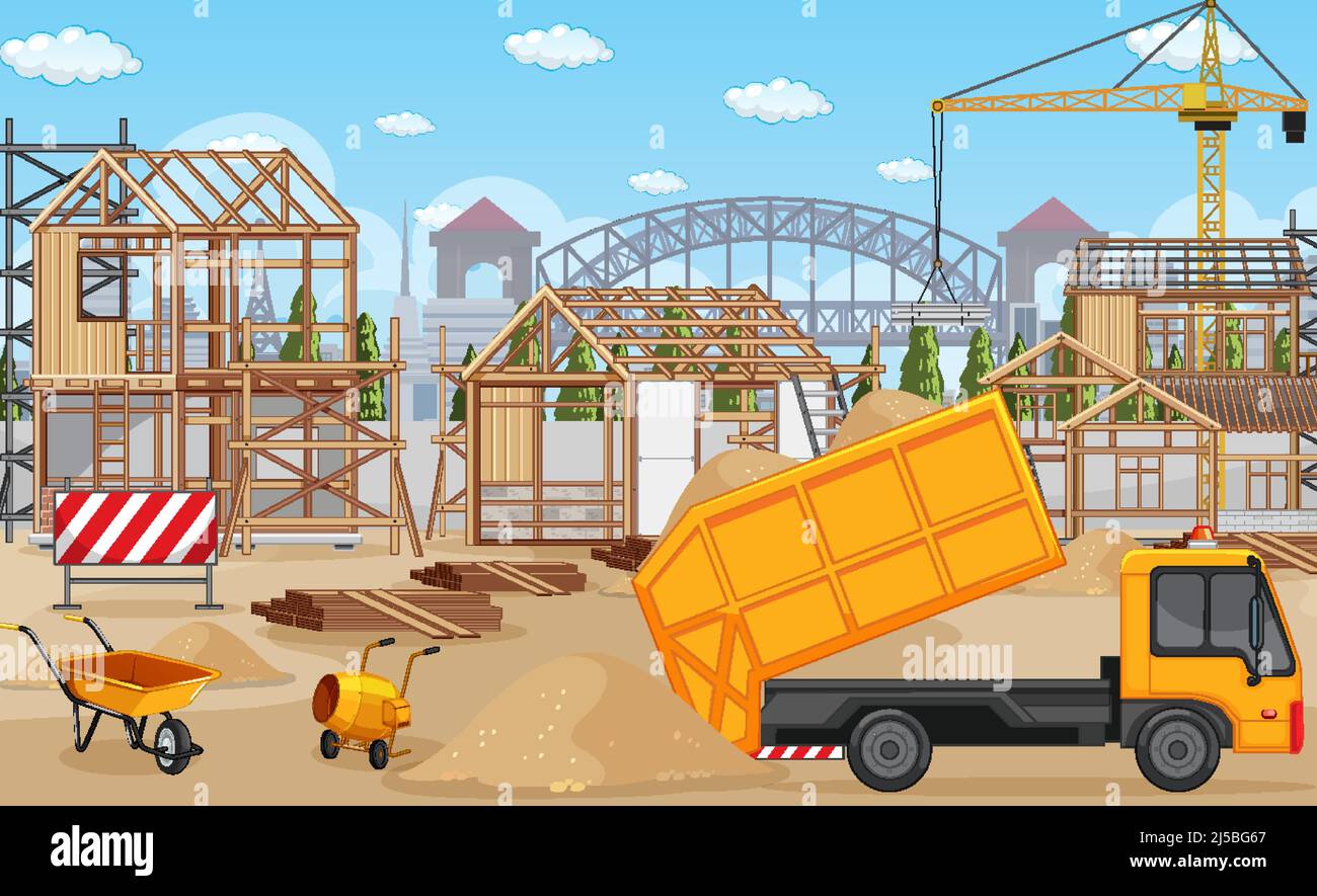 Cartoon scene of building construction site illustration Stock Vector ...