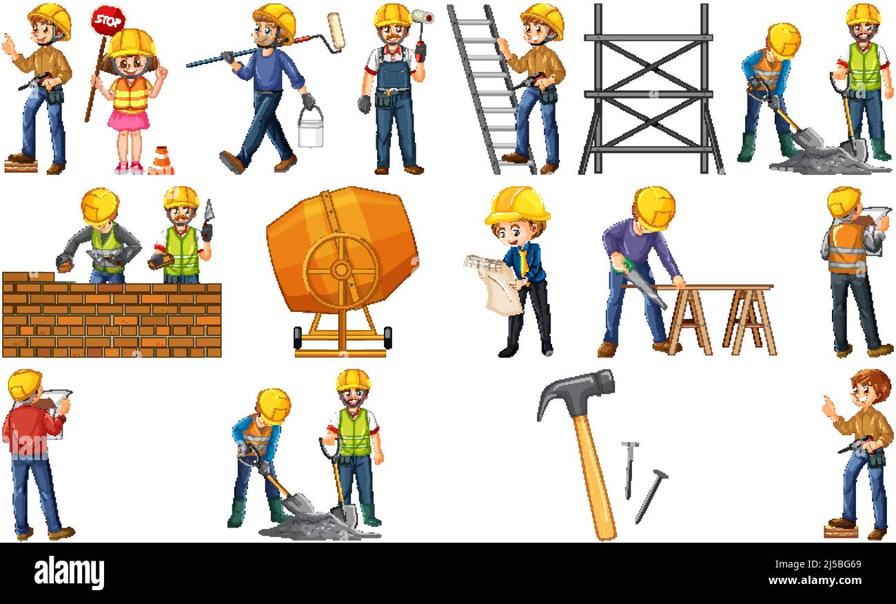 Set of construction site objects and workers illustration Stock Vector ...