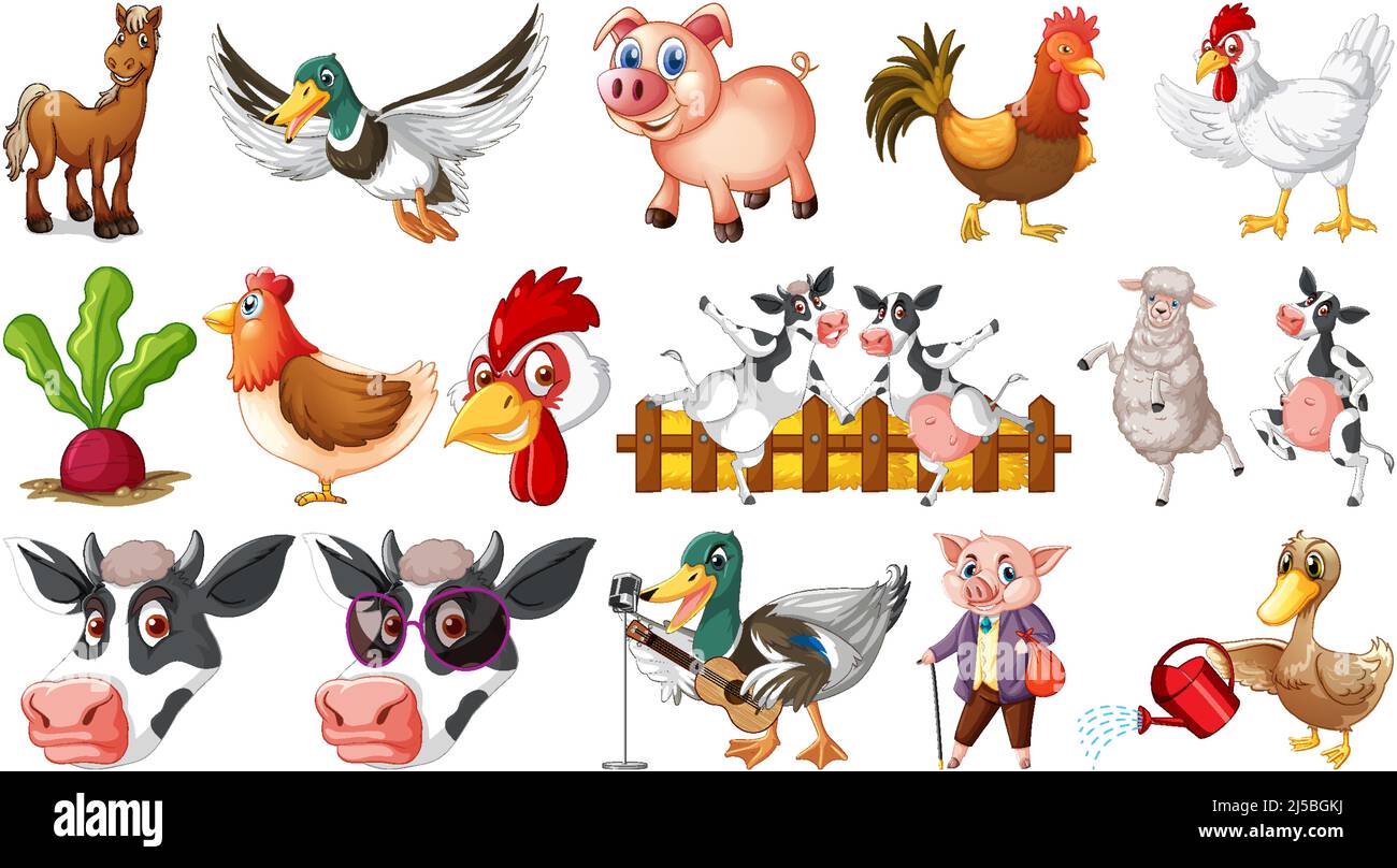 Many farm animals on white background illustration Stock Vector Image ...