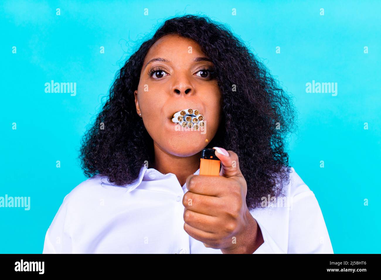 afro woman winning with addicted nicotine problems, stop smoking studio ...