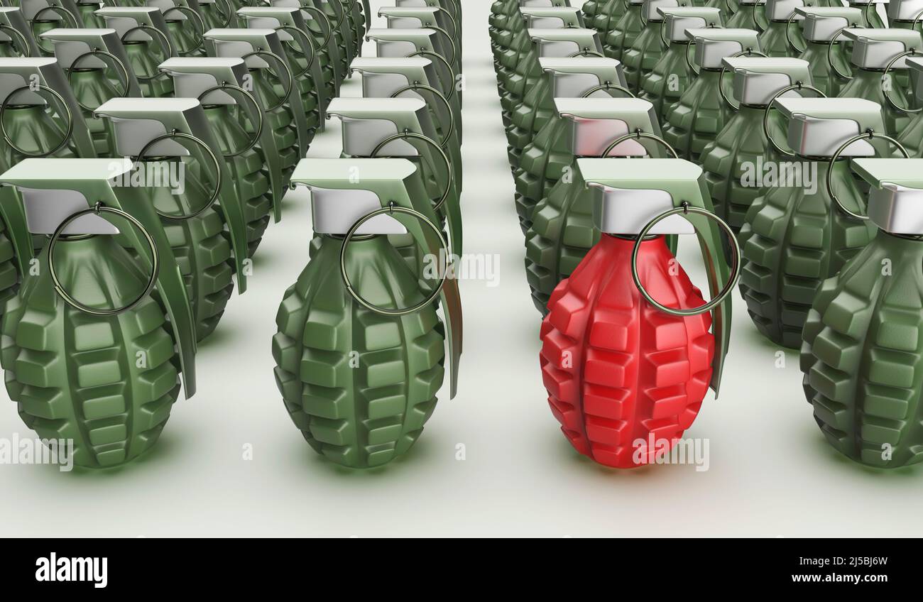 Concept image with one unique red grenade Stock Photo - Alamy