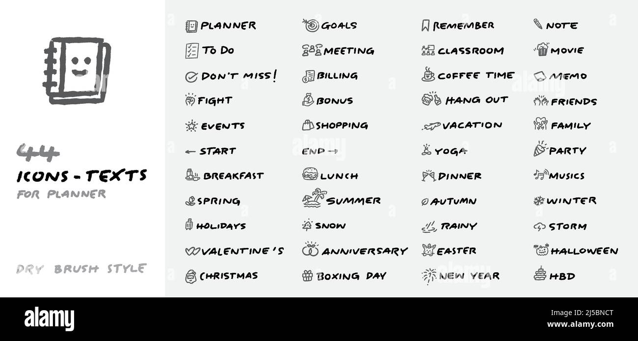 sketch hand drawn icons for planner,organizer,diary with text hand ...