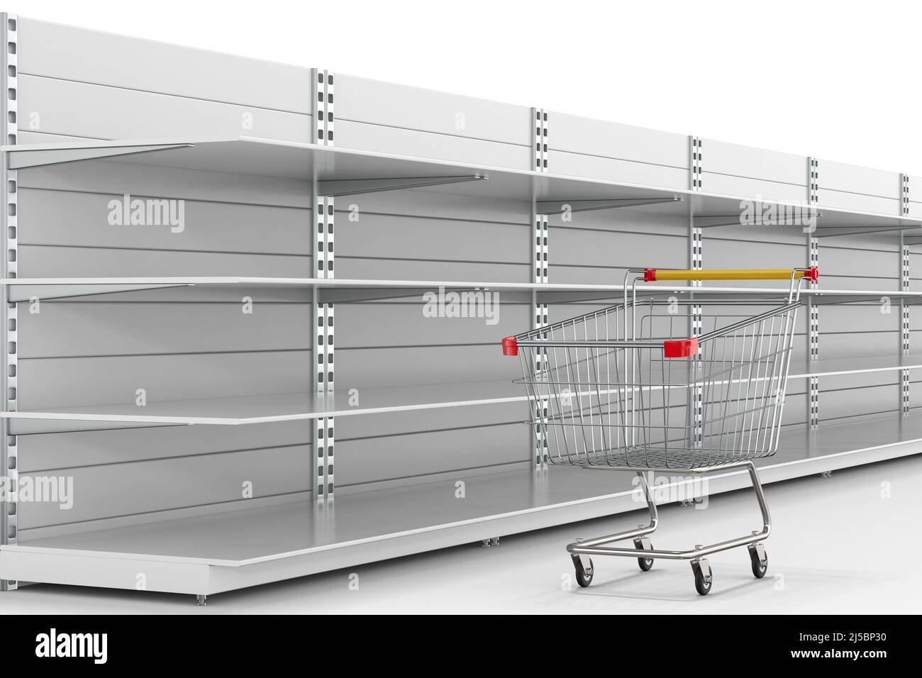 Empty store shelves and shopping cart on white background. Isolated 3D ...