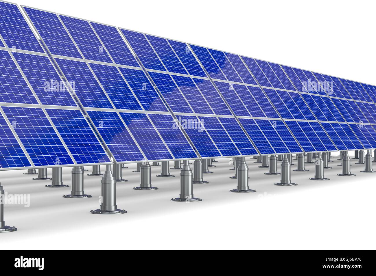 row solar panels with clouds reflection on white background. Isolated ...