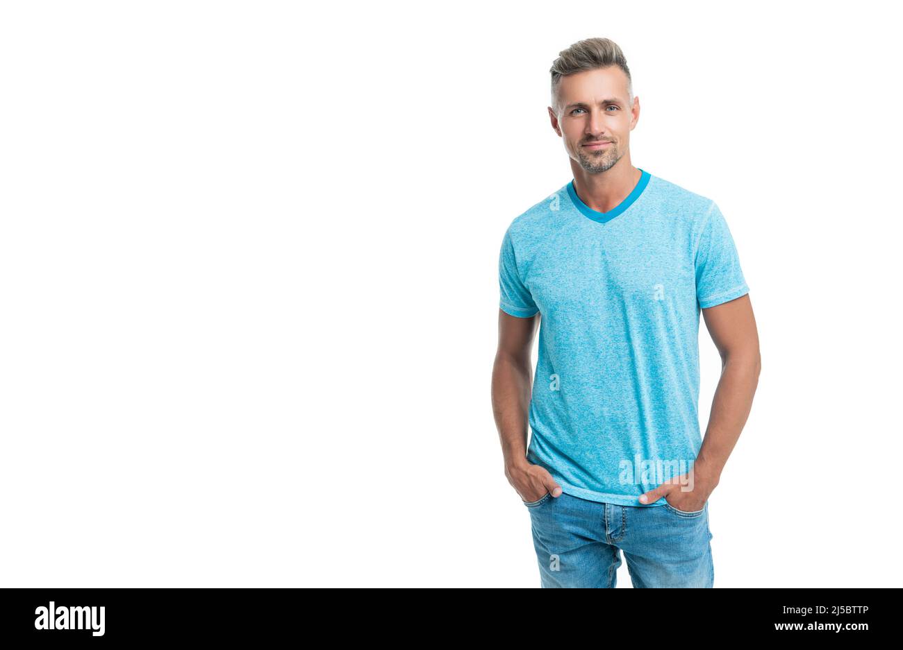 Happy handsome caucasian man smiling in casual style holding hands in ...