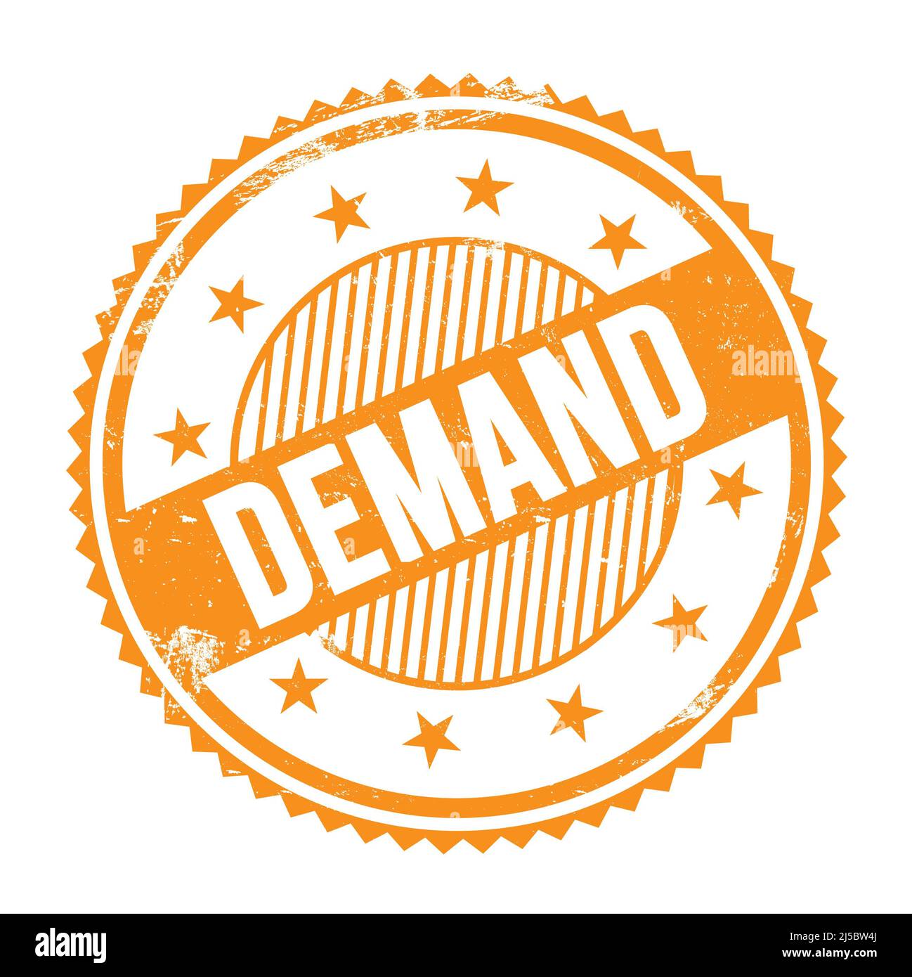 DEMAND text written on orange grungy zig zag borders round stamp Stock ...