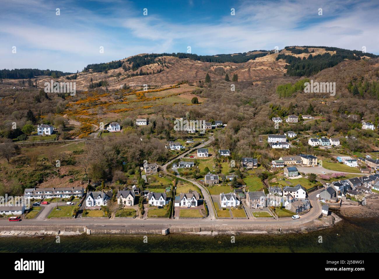 Aerial view from drone of village of Tighnabruaich on Cowal Peninsula ...