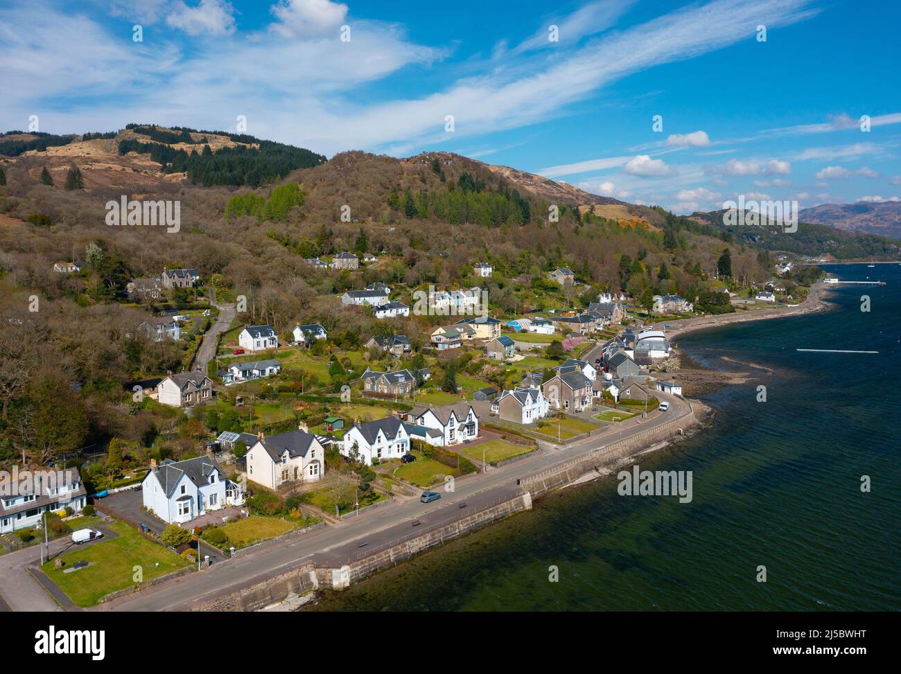 Aerial view from drone of village of Tighnabruaich on Cowal Peninsula ...
