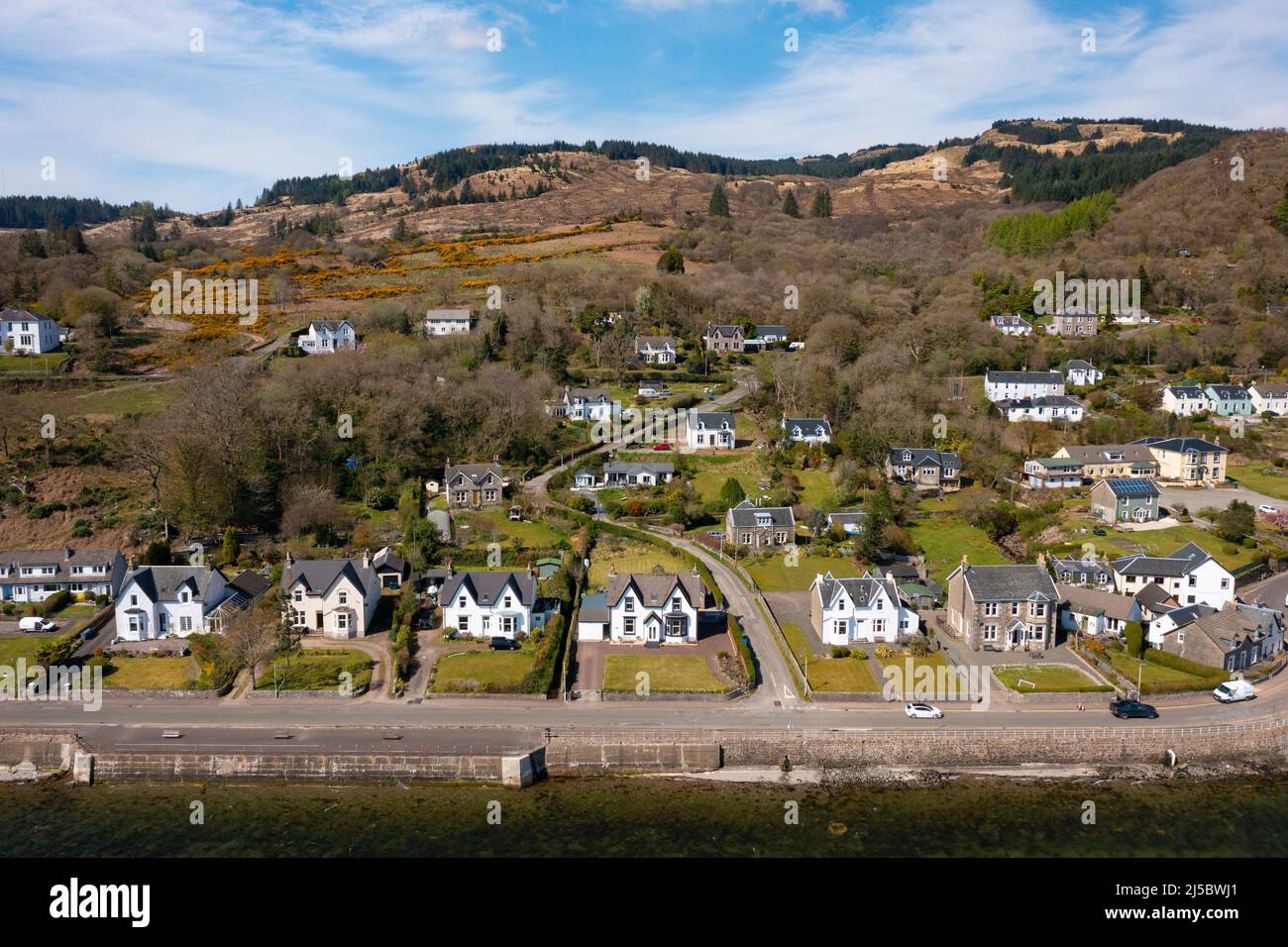 Aerial view from drone of village of Tighnabruaich on Cowal Peninsula ...