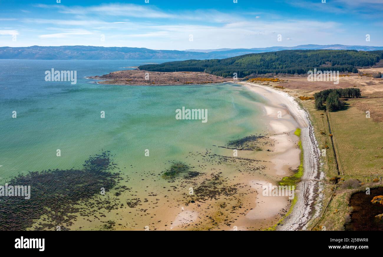 Aerial view from drone of Kilbride Bay beach near Tighnabruaich, Cowla ...