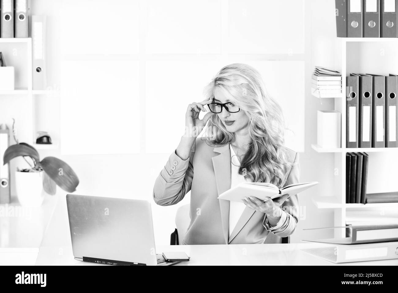 Regular pc user. Girl with laptop computer in office. Digital ...