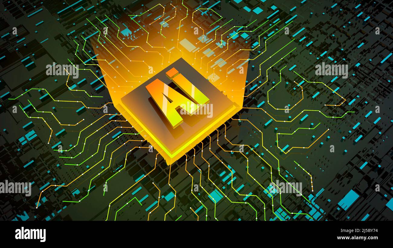 Ai 3d image concept. Computer microprocessor with artificial intelligence on digital background ...