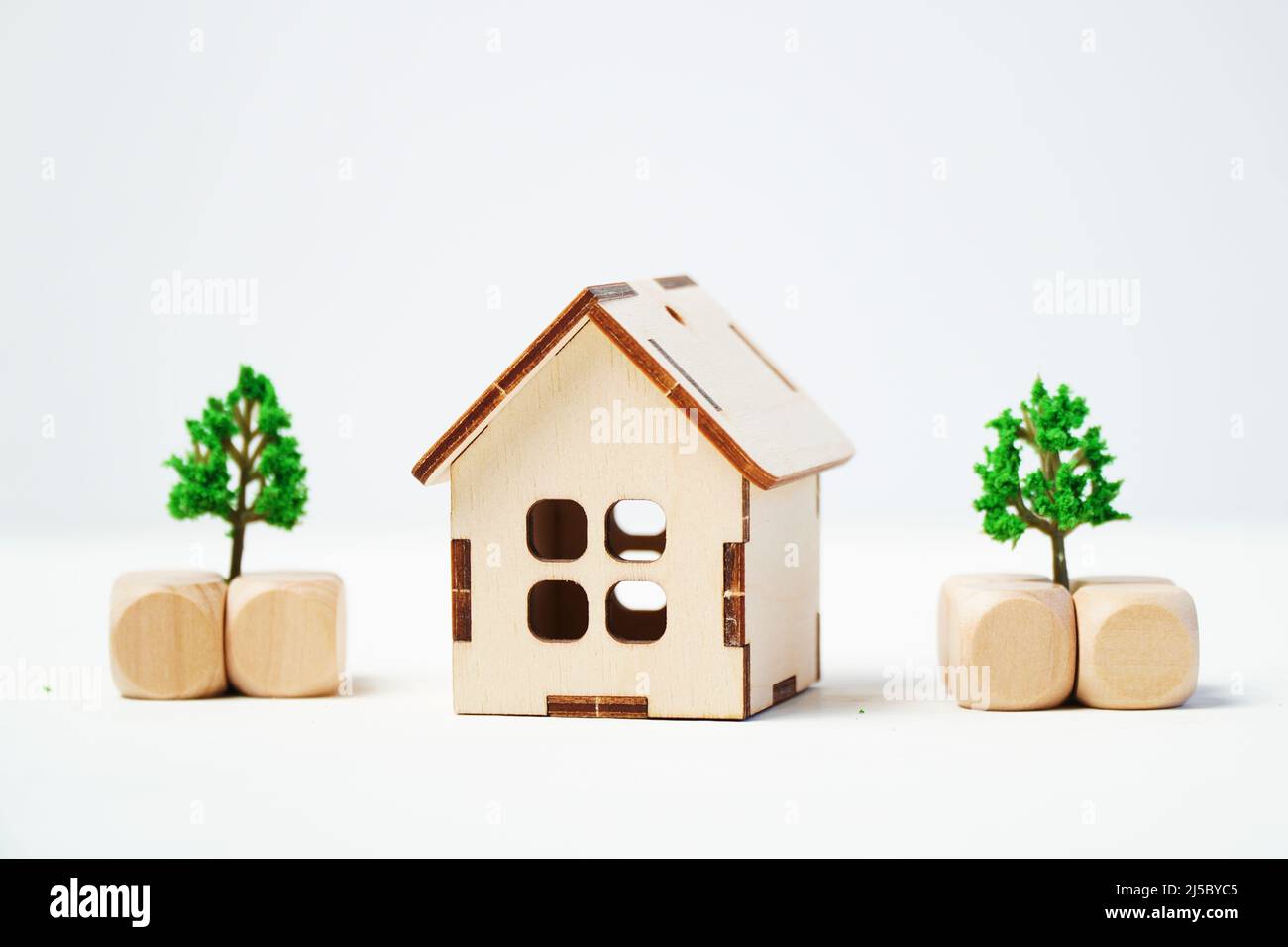 Wooden house model with miniature trees. The concept of landscaping and ...