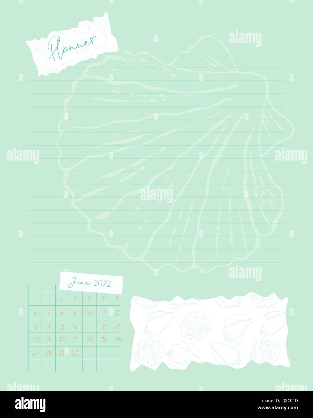 Planner template, seashells and calendar for June 2022. To-do list ...