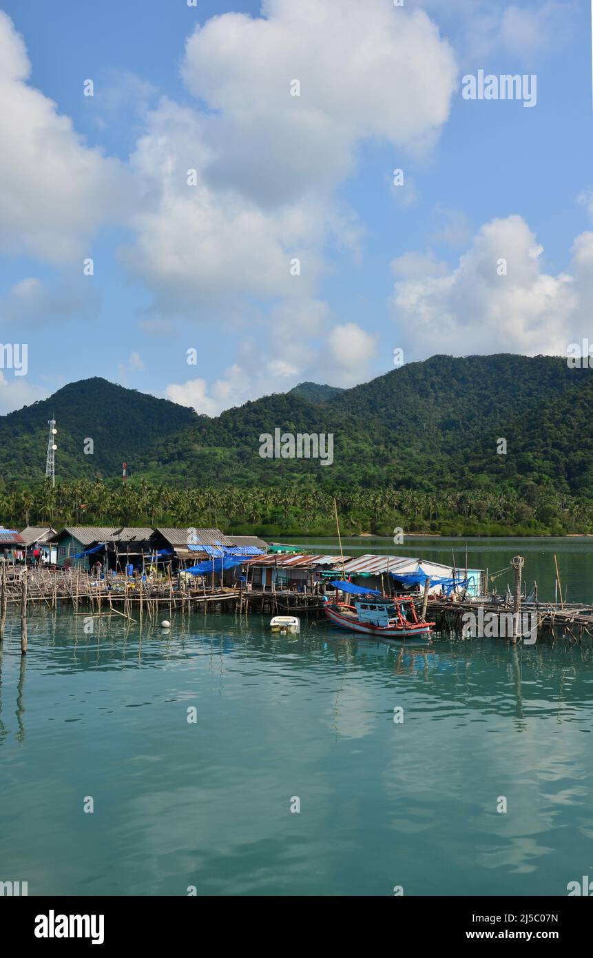 View landscape seascape and fishing boat ship floating in water sea ...