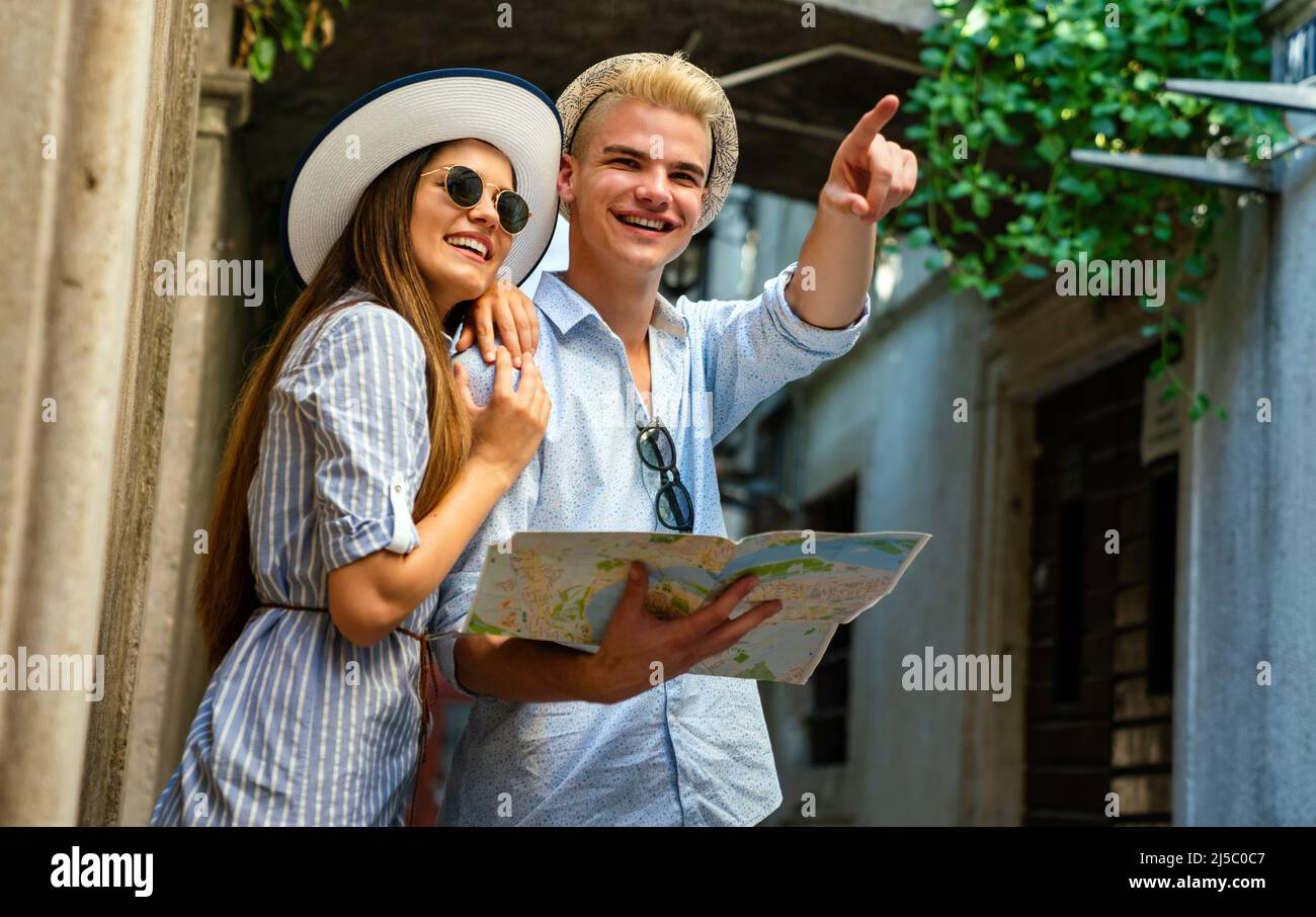 Holiday travel vacation love and friendship concept. Smiling couple ...
