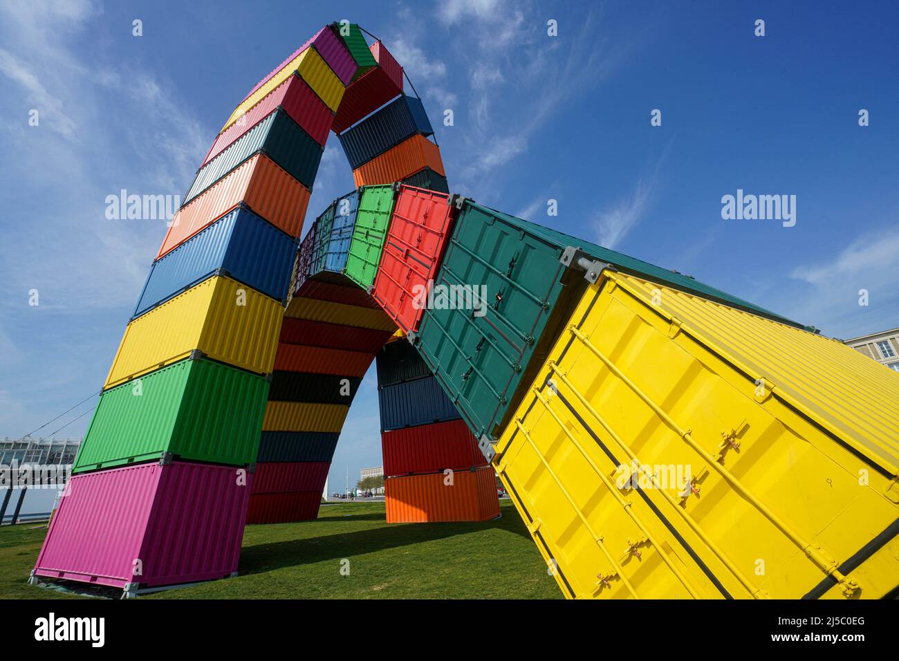 A view of Chain of containers monument by Vincent Ganivet, two arches ...