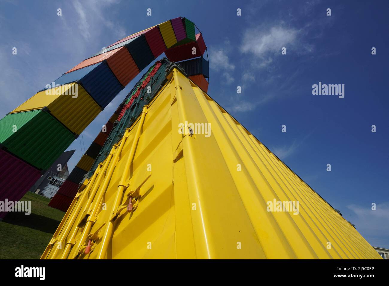 A view of Chain of containers monument by Vincent Ganivet, two arches ...