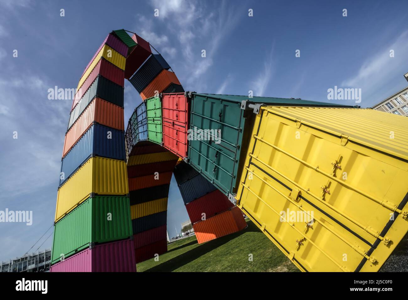 A view of Chain of containers monument by Vincent Ganivet, two arches ...