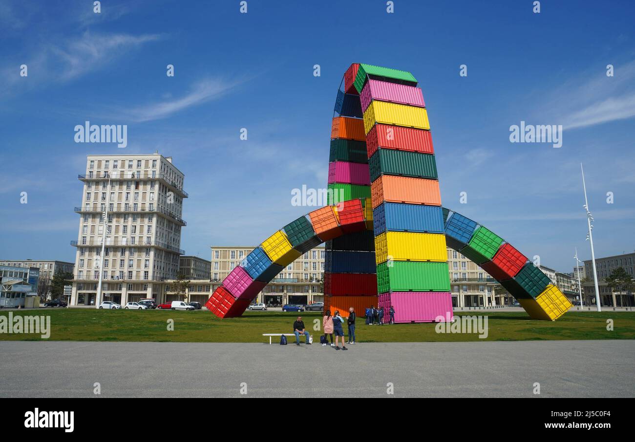 A view of Chain of containers monument by Vincent Ganivet, two arches ...