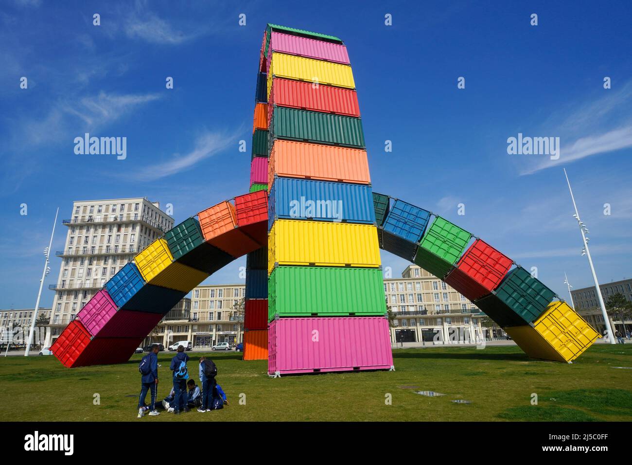 A view of Chain of containers monument by Vincent Ganivet, two arches ...