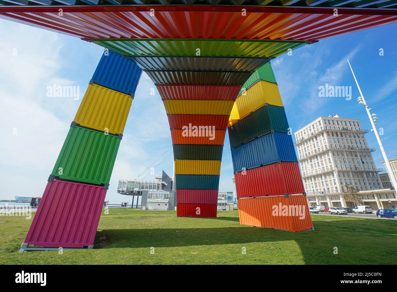 A view of Chain of containers monument by Vincent Ganivet, two arches ...