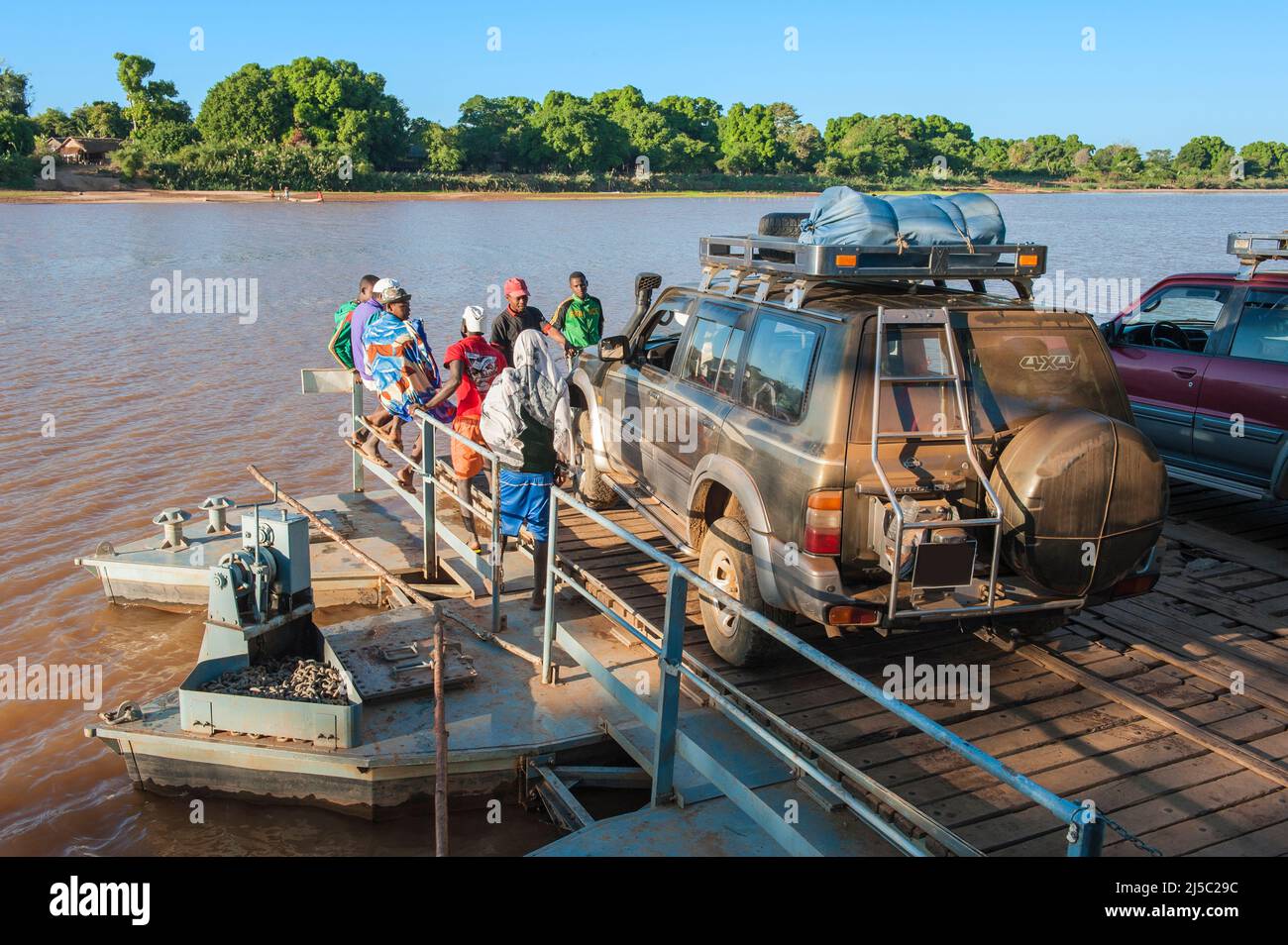Four wheel drive car on a ferry, Tsingy de Bemaraha, Bekopaka, Majunga ...