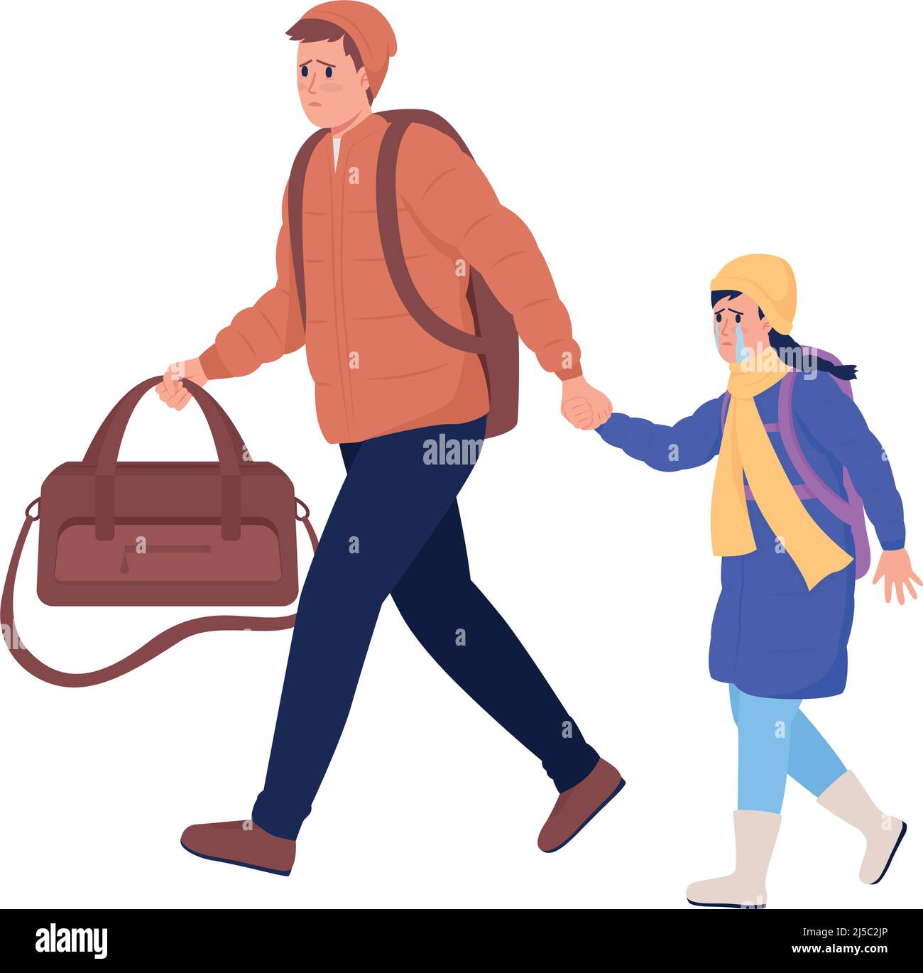 Father with daughter running away from war semi flat color vector ...