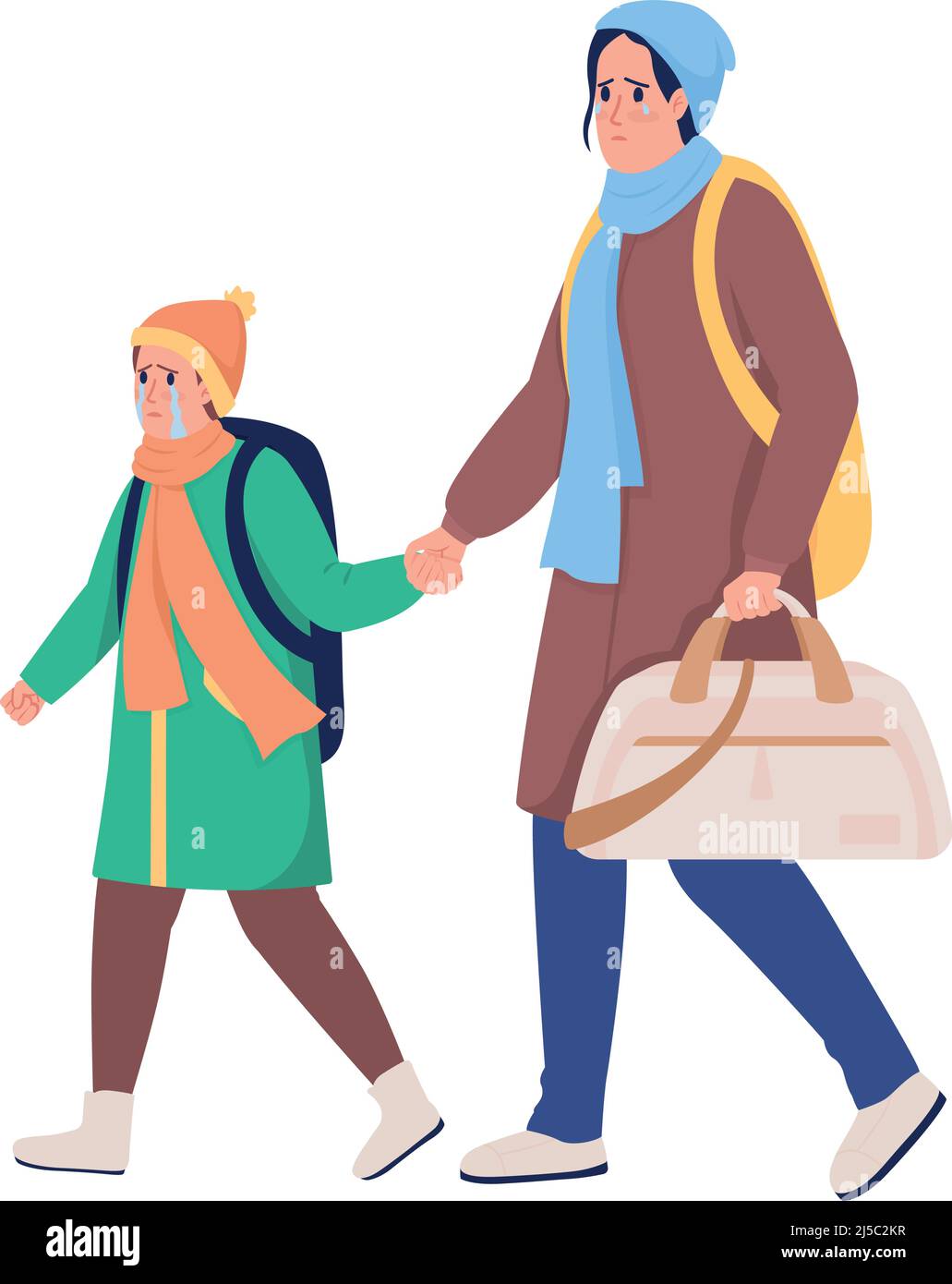 Mother with son running away from war semi flat color vector characters ...