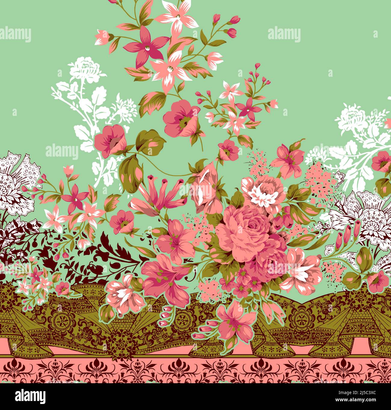 digital baroque border ornament Seamless pattern with watercolor ...