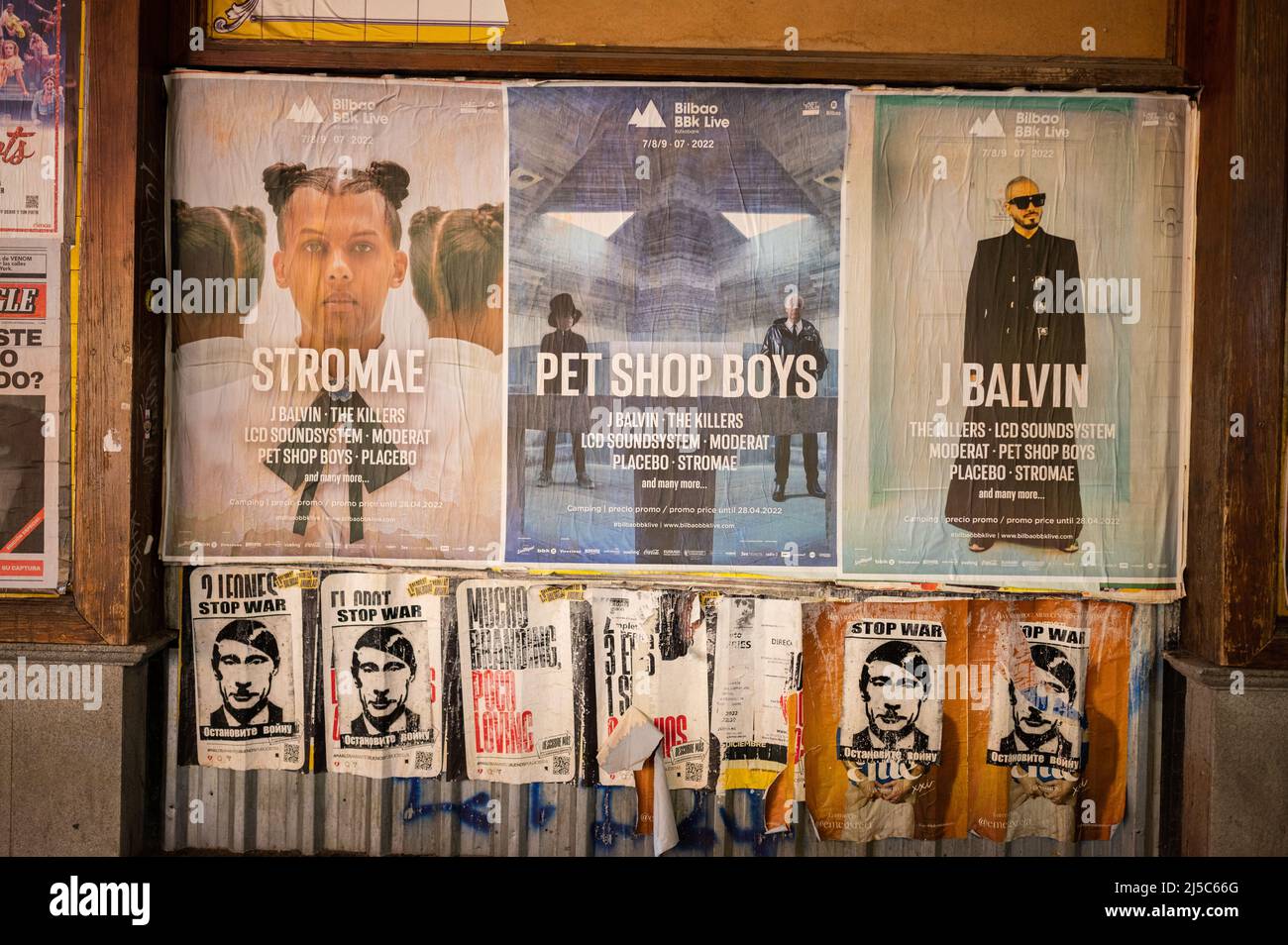 Stop war and Bilbao BBK Live festival posters in Madrid, Spain Stock ...