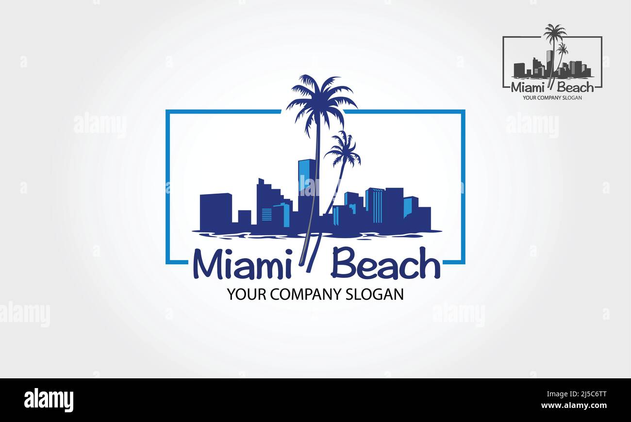 Miami beach vector logo in silhouette style with beach, palm tree and ...