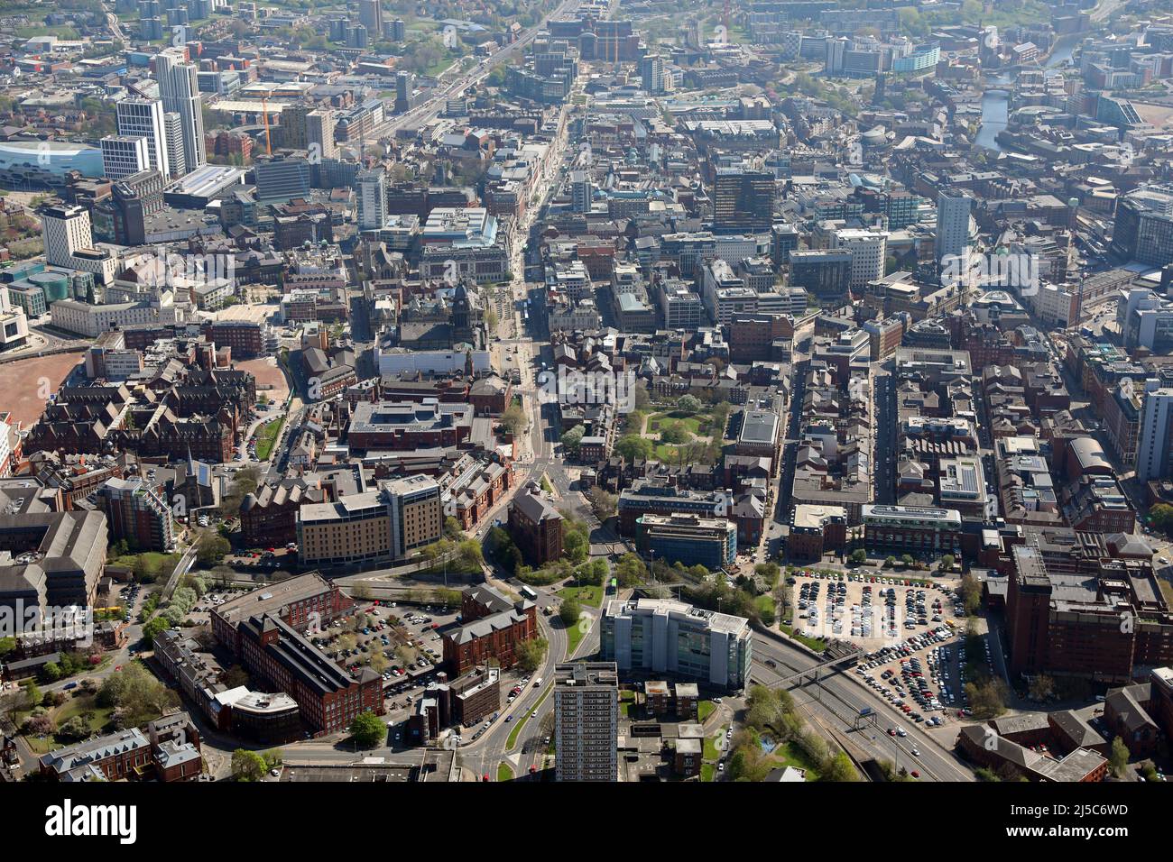 aerial view of Leeds city centre from the west looking east down ...