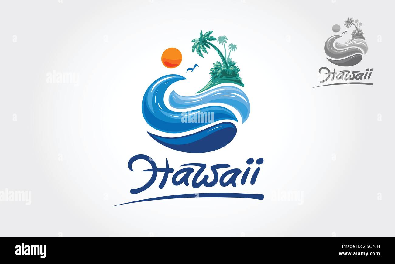 Hawaii Vector Logo Template. Water ocean waves with sun, palm tree and ...