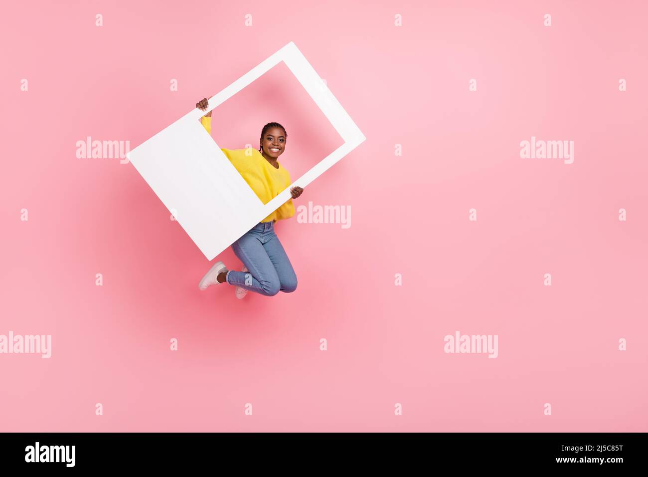 Full length photo of young pretty girl have fun jump shooting picture ...