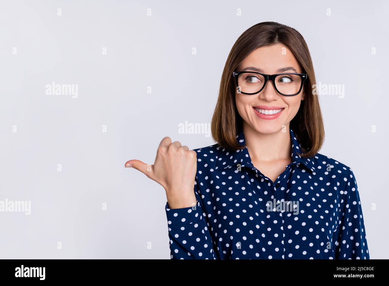 Photo of youth lady point look finger empty space decision select ...