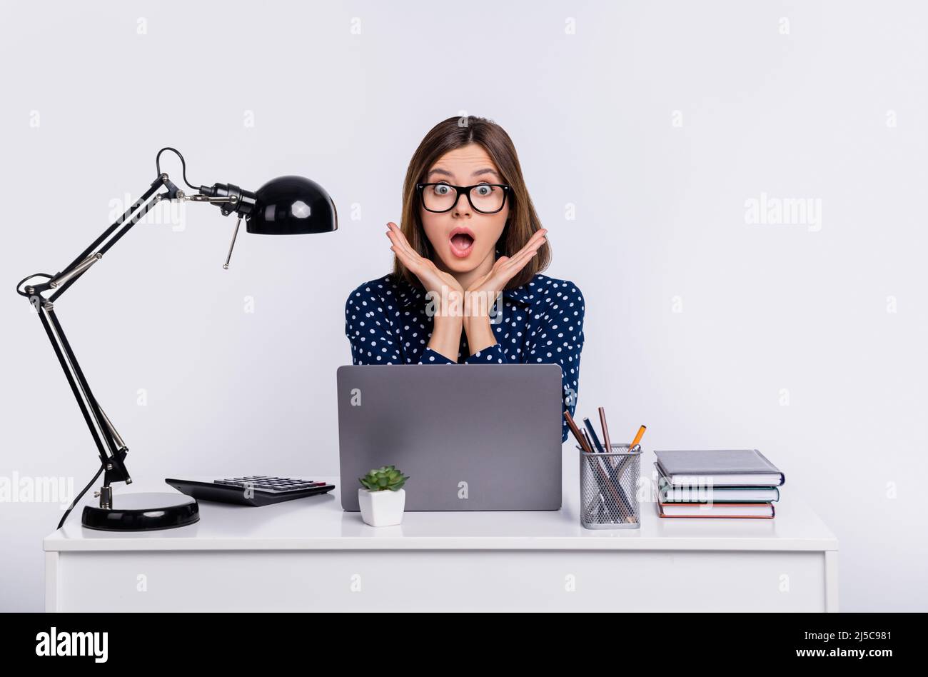 Photo of shocked office employee lady hands open mouth prepare report ...