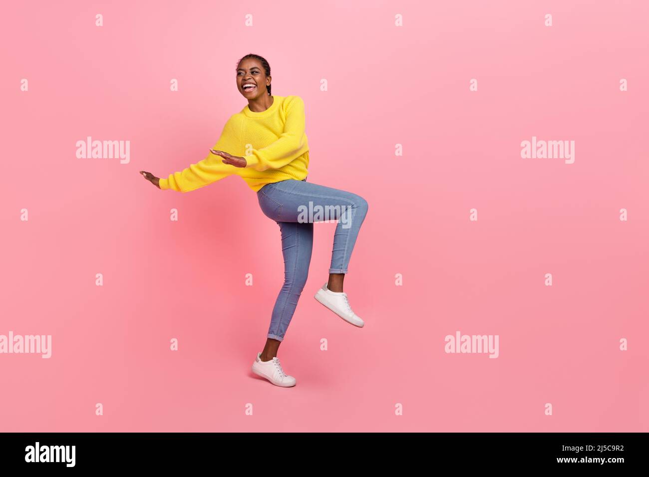 Full length photo of young cheerful lady good mood chill look empty ...