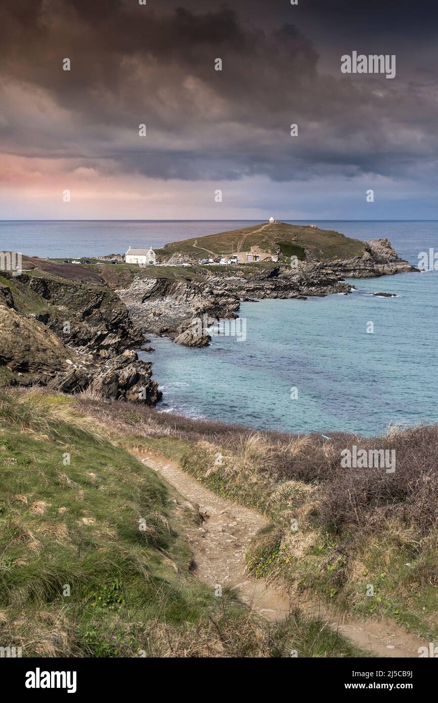 The coast path leading to the rugged Towan Head on the coast of Newquay ...