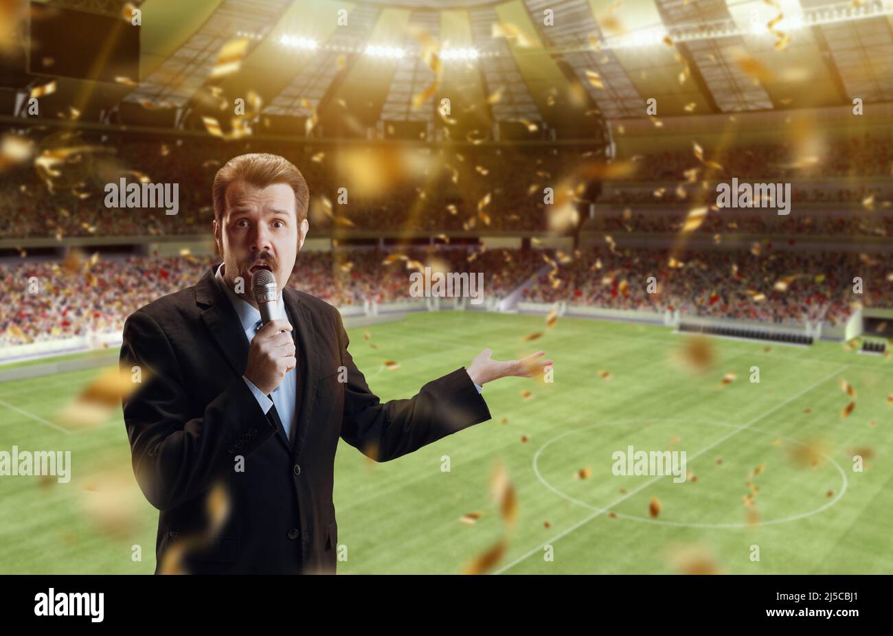 Emotional man, professional sport commentator having online broadcast ...