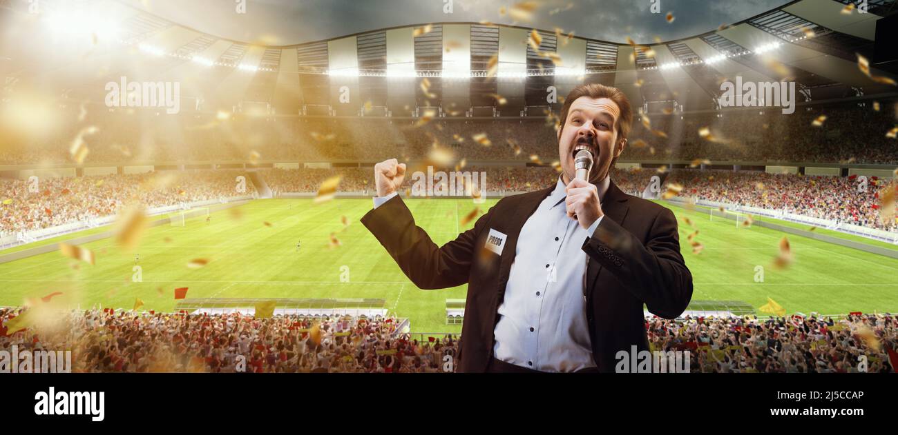 Excited man, professional sport commentator having online broadcast of ...